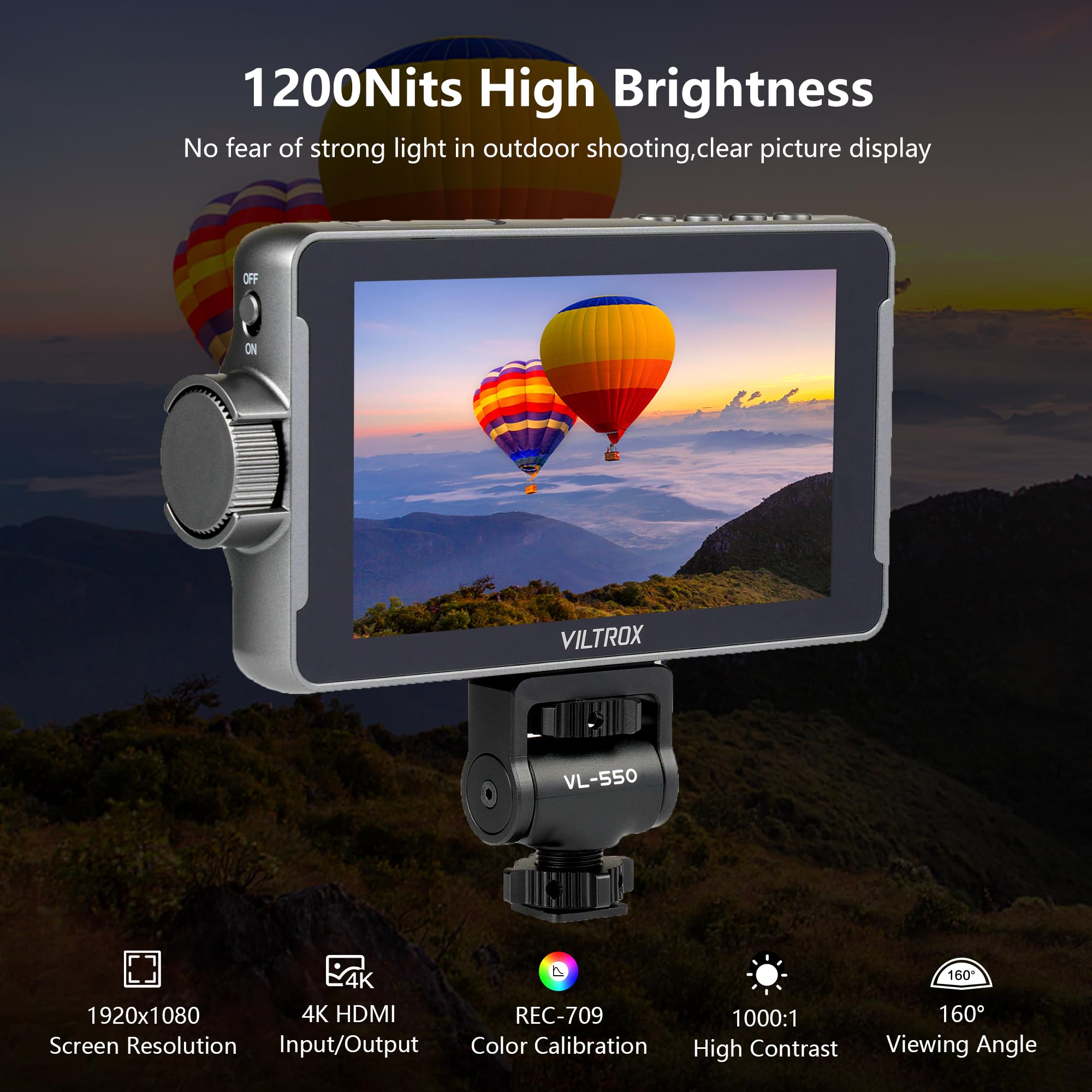 VILTROX DC-550 Touch Screen DSLR Camera Field Monitor 1200 Nits High-Bright 5.5 inch DSLR Camera Monitor with Sunshade Hood/Battery 3D LUT HDR 4K HDMI in and Out Exposure Focus Assist Waveform Monitor