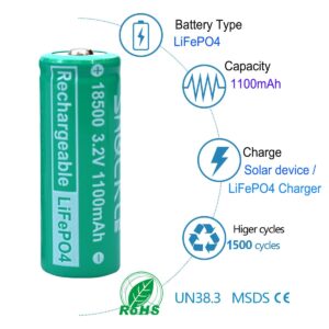 funkawa 18500 3.2V Solar Batteries, shockli 18500 3.2 Volt 1100mAh LiFePO4 Lithium Phosphate Rechargeable Solar Battery for Outdoor Solar Lights (4-Pack)