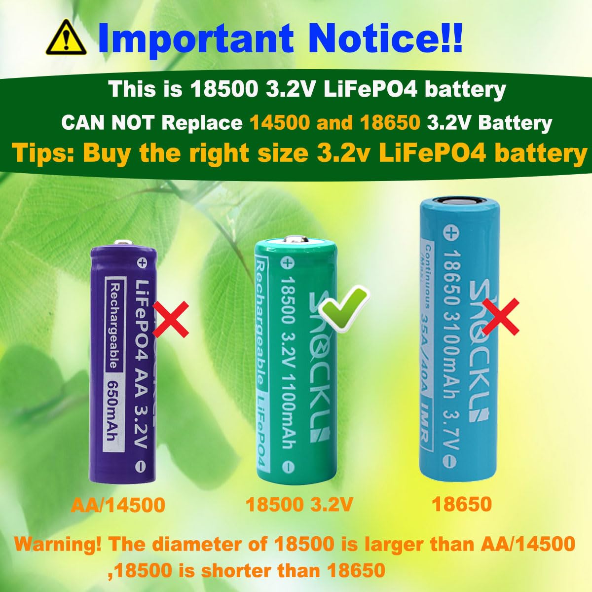 funkawa 18500 3.2V Solar Batteries, shockli 18500 3.2 Volt 1100mAh LiFePO4 Lithium Phosphate Rechargeable Solar Battery for Outdoor Solar Lights (4-Pack)