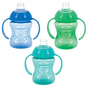 nuby 3 pack two handle no spill toddler sippy cups - toddler cups spill proof with easy and firm grip - bpa free toddlers cups - aqua, blue, green