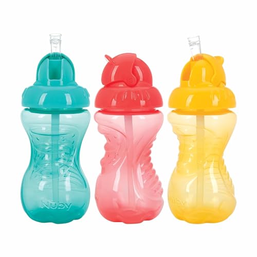 NUBY 3 Pack No Spill Flip it Soft Straw Toddler Sippy Cups - Toddler Cups Spill Proof with Easy and Firm Grip - BPA Free Toddlers Cups - Aqua, Coral, Yellow