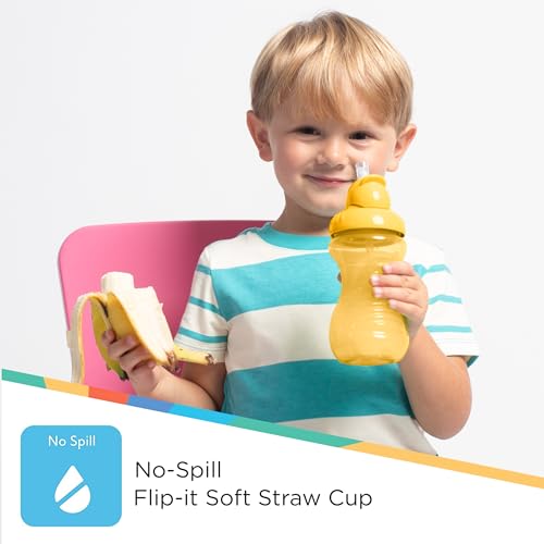 NUBY 3 Pack No Spill Flip it Soft Straw Toddler Sippy Cups - Toddler Cups Spill Proof with Easy and Firm Grip - BPA Free Toddlers Cups - Aqua, Coral, Yellow