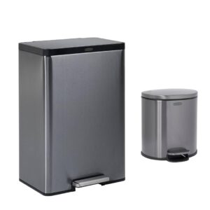 bundle of rubbermaid 12g step-on trash can with rubbermaid 1.6g semi-round step-on wastebasket