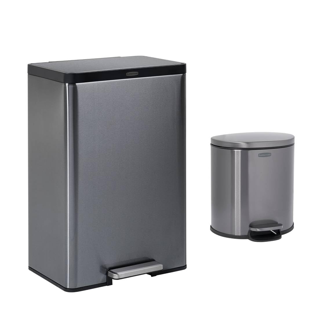 Bundle of Rubbermaid 12G Step-On Trash Can with Rubbermaid 1.6G Semi-Round Step-On Wastebasket