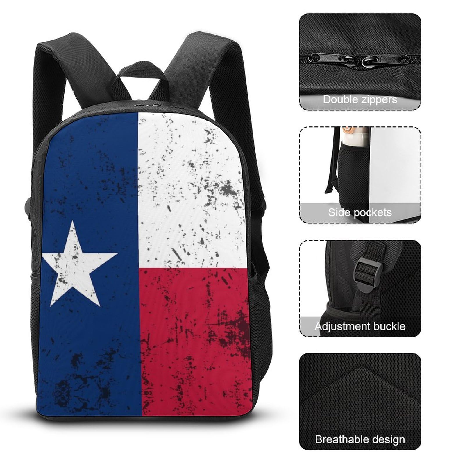 Retro Texas State Flag Travel Backpack Casual 17 Inch Large Daypack Shoulder Bag with Adjustable Shoulder Straps