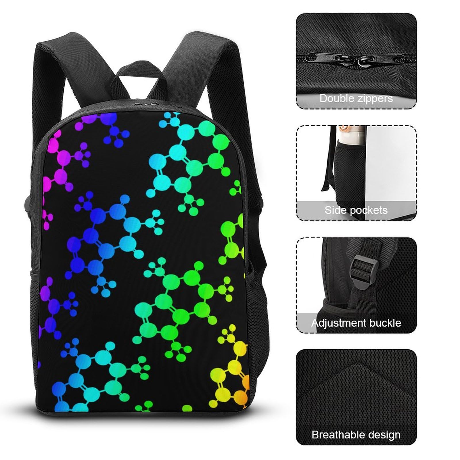 Caffeine Molecule Travel Backpack Casual 17 Inch Large Daypack Shoulder Bag with Adjustable Shoulder Straps