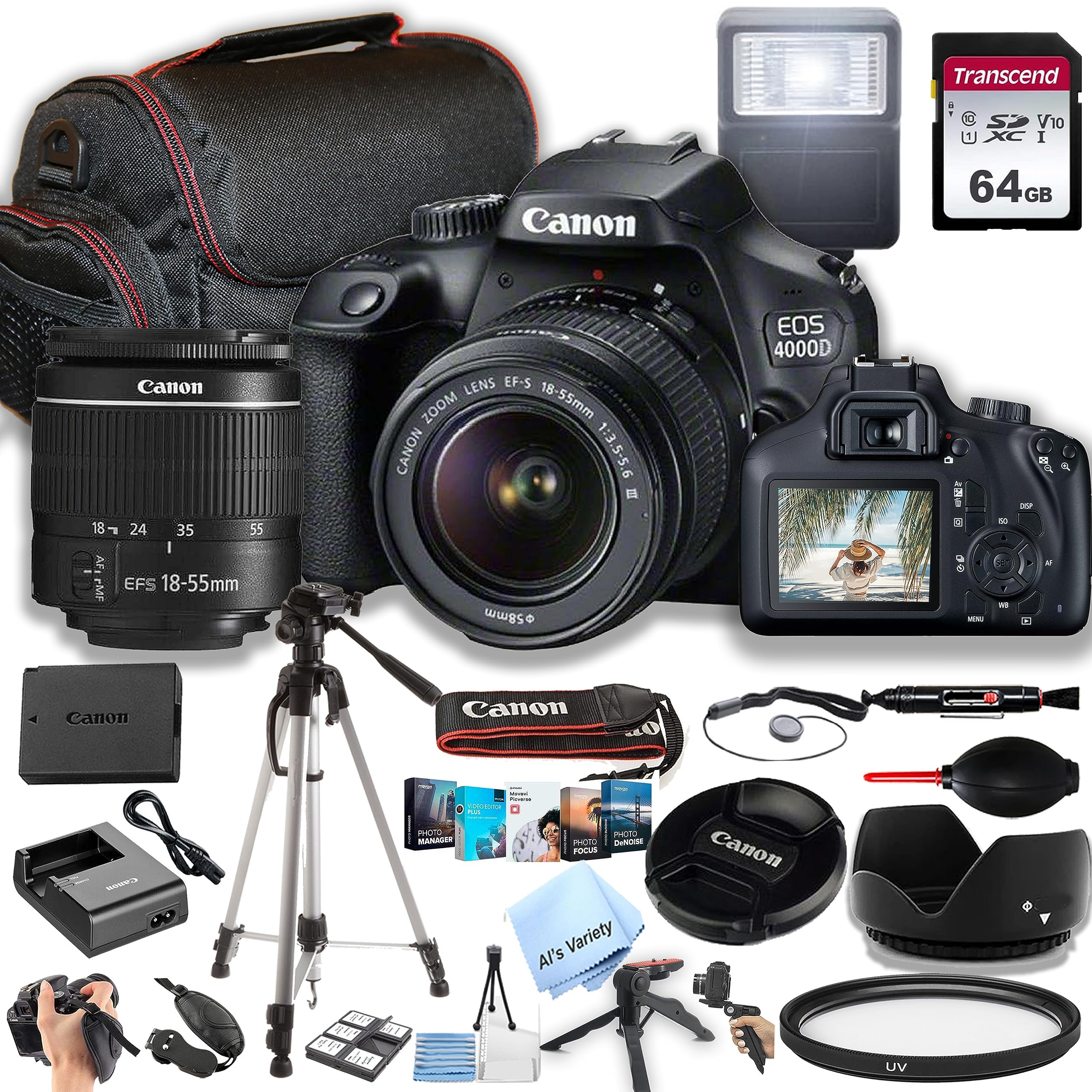 Canon EOS 4000D / Rebel T100 DSLR Camera w/EF-S 18-55mm F/3.5-5.6 Zoom Lens + 64GB Memory, Case, Tripod, Flash, and More (31pc Bundle) (Renewed)