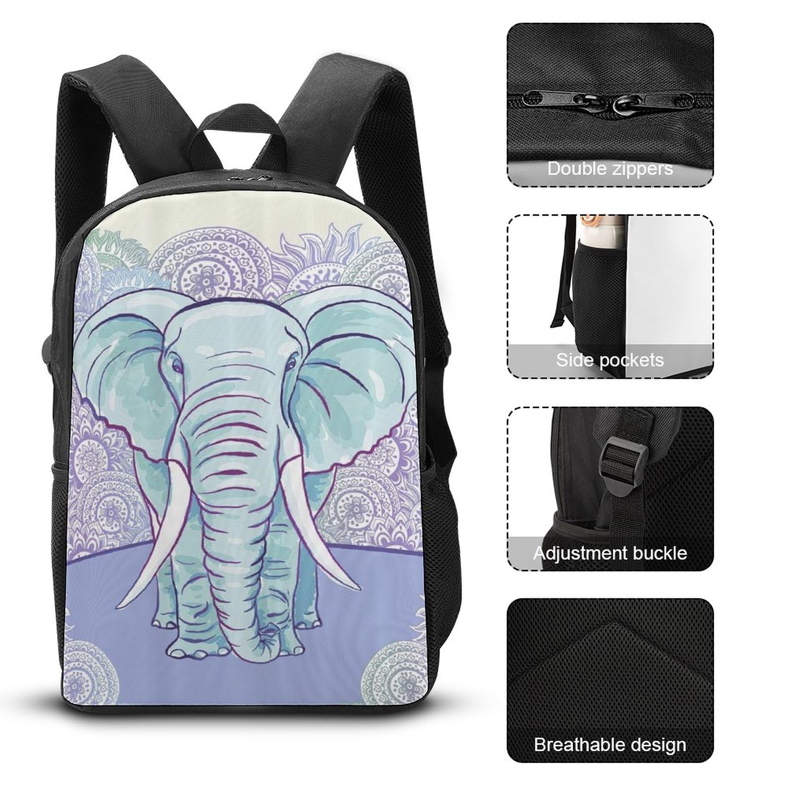 Watercolor Elephant Travel Backpack Casual 17 Inch Large Daypack Shoulder Bag with Adjustable Shoulder Straps