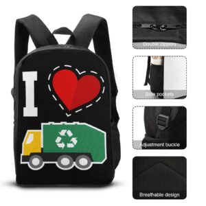 I Love Garbage Trucks Travel Backpack Casual 17 Inch Large Daypack Shoulder Bag with Adjustable Shoulder Straps