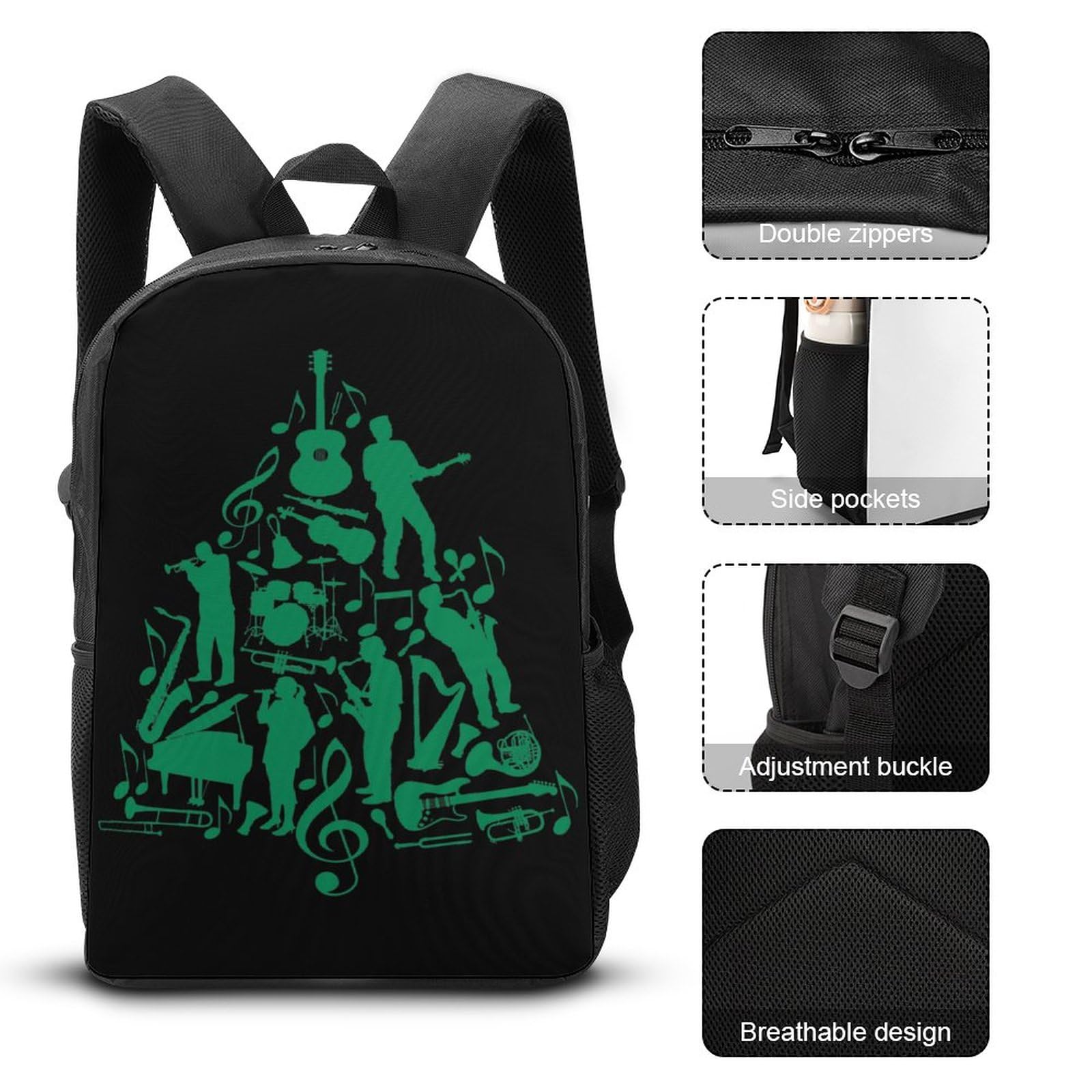 Music Christmas Tree Travel Backpack Casual 17 Inch Large Daypack Shoulder Bag with Adjustable Shoulder Straps