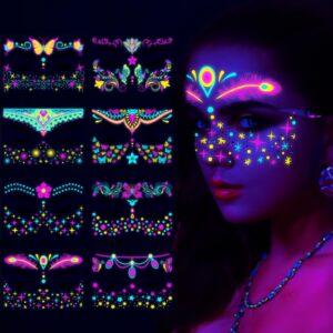 glow in the dark tattoos stickers, fake face temporary tattoos makeup uv neon floral body paint tattoo stickers decorations for adults girls women festival bar party supplies 8pcs