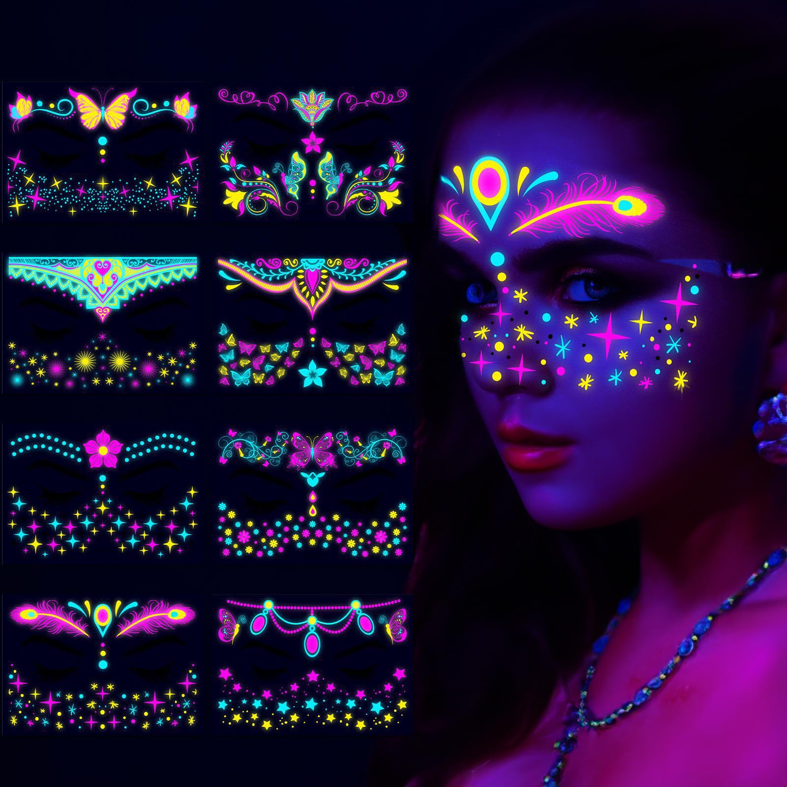 Glow in The Dark Tattoos Stickers, Fake Face Temporary Tattoos Makeup UV Neon Floral Body Paint Tattoo Stickers Decorations for Adults Girls Women Festival Bar Party Supplies 8PCS