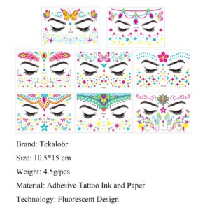 Glow in The Dark Tattoos Stickers, Fake Face Temporary Tattoos Makeup UV Neon Floral Body Paint Tattoo Stickers Decorations for Adults Girls Women Festival Bar Party Supplies 8PCS