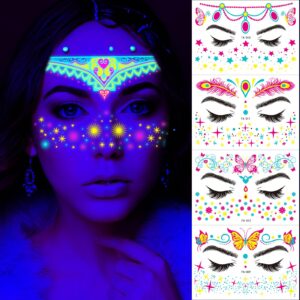 Glow in The Dark Tattoos Stickers, Fake Face Temporary Tattoos Makeup UV Neon Floral Body Paint Tattoo Stickers Decorations for Adults Girls Women Festival Bar Party Supplies 8PCS