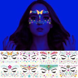 Glow in The Dark Tattoos Stickers, Fake Face Temporary Tattoos Makeup UV Neon Floral Body Paint Tattoo Stickers Decorations for Adults Girls Women Festival Bar Party Supplies 8PCS