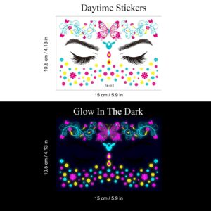 Glow in The Dark Tattoos Stickers, Fake Face Temporary Tattoos Makeup UV Neon Floral Body Paint Tattoo Stickers Decorations for Adults Girls Women Festival Bar Party Supplies 8PCS