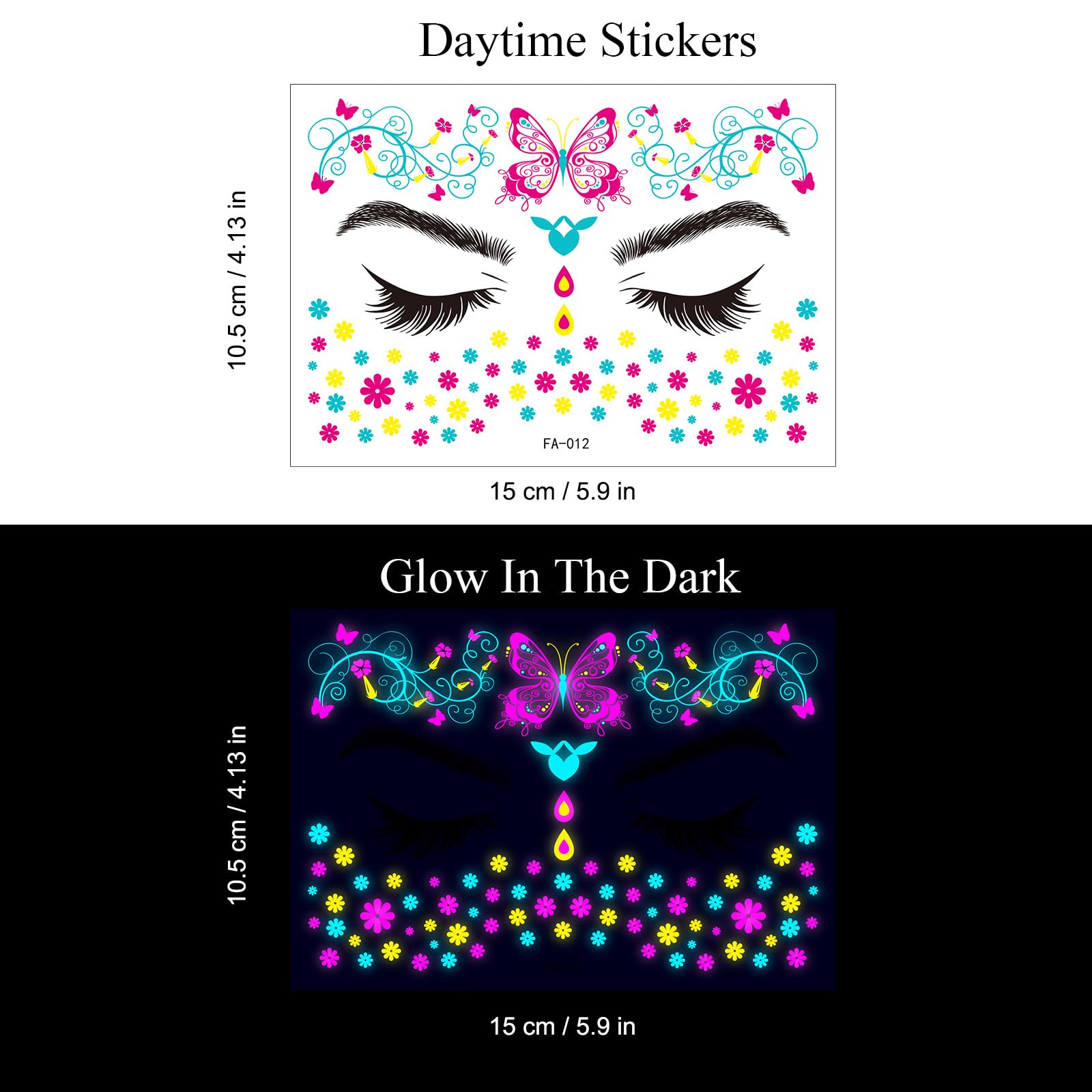 Glow in The Dark Tattoos Stickers, Fake Face Temporary Tattoos Makeup UV Neon Floral Body Paint Tattoo Stickers Decorations for Adults Girls Women Festival Bar Party Supplies 8PCS