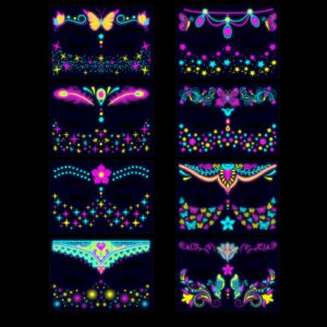 Glow in The Dark Tattoos Stickers, Fake Face Temporary Tattoos Makeup UV Neon Floral Body Paint Tattoo Stickers Decorations for Adults Girls Women Festival Bar Party Supplies 8PCS