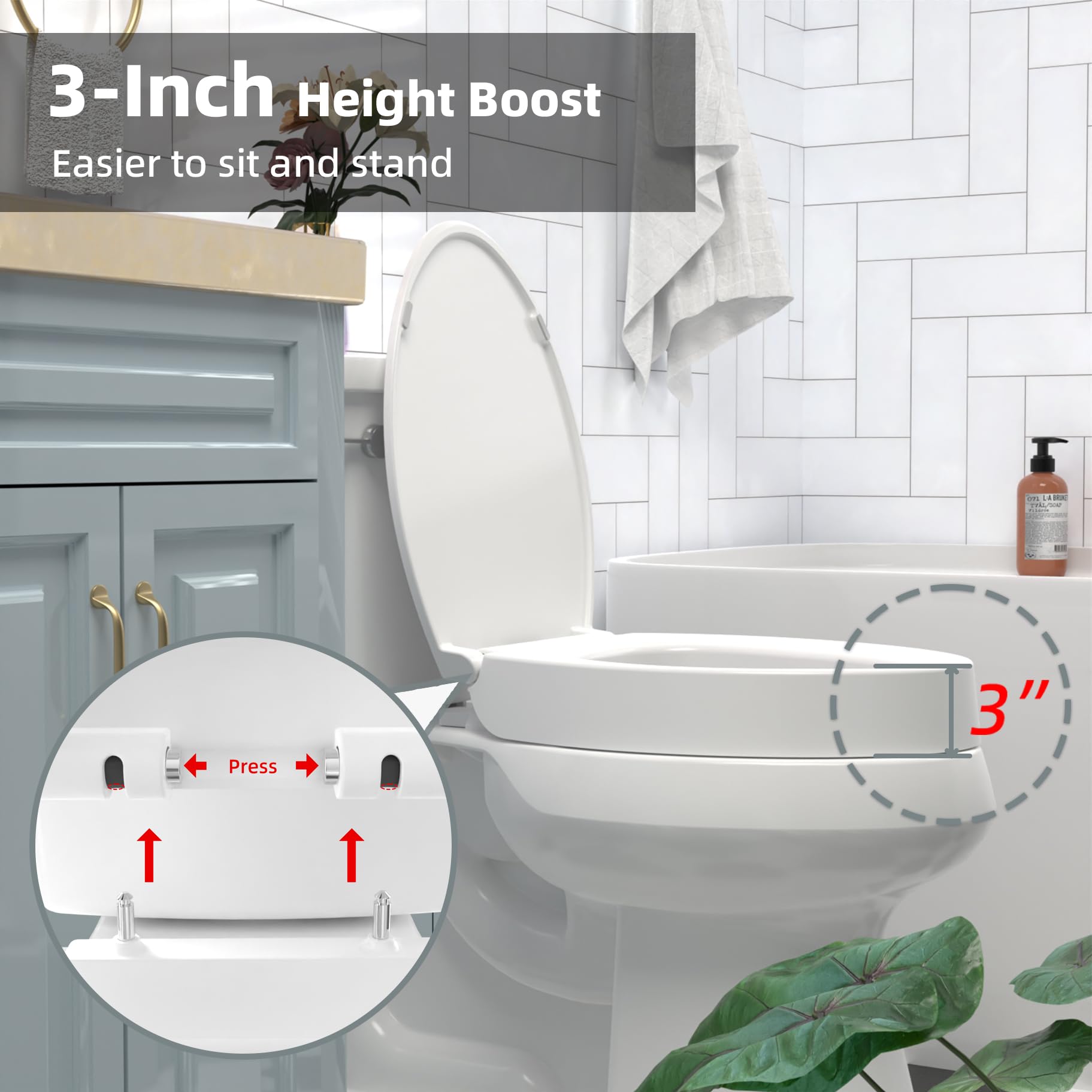 Ccbello ELONGATED toilet seat risers for seniors, Slow Close, Elevated toilet seat, Heavy Duty, Never Loosen, Raised toilet seat elongated bowl, White(18.5”)