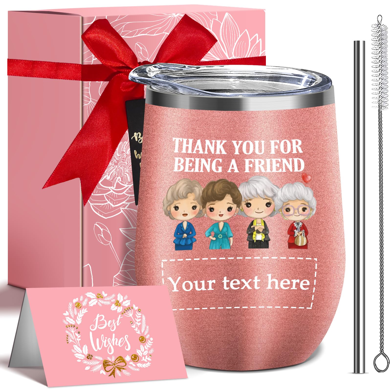 ATHAND Customized Birthday Gifts Idea for Women Girl-Thank You for Being A Friend 12 oz Insulated Wine Customized Tumbler Cup with Lid - Rose Gold Vacuum Stainless Steel Coffee Mug Stemless Cup