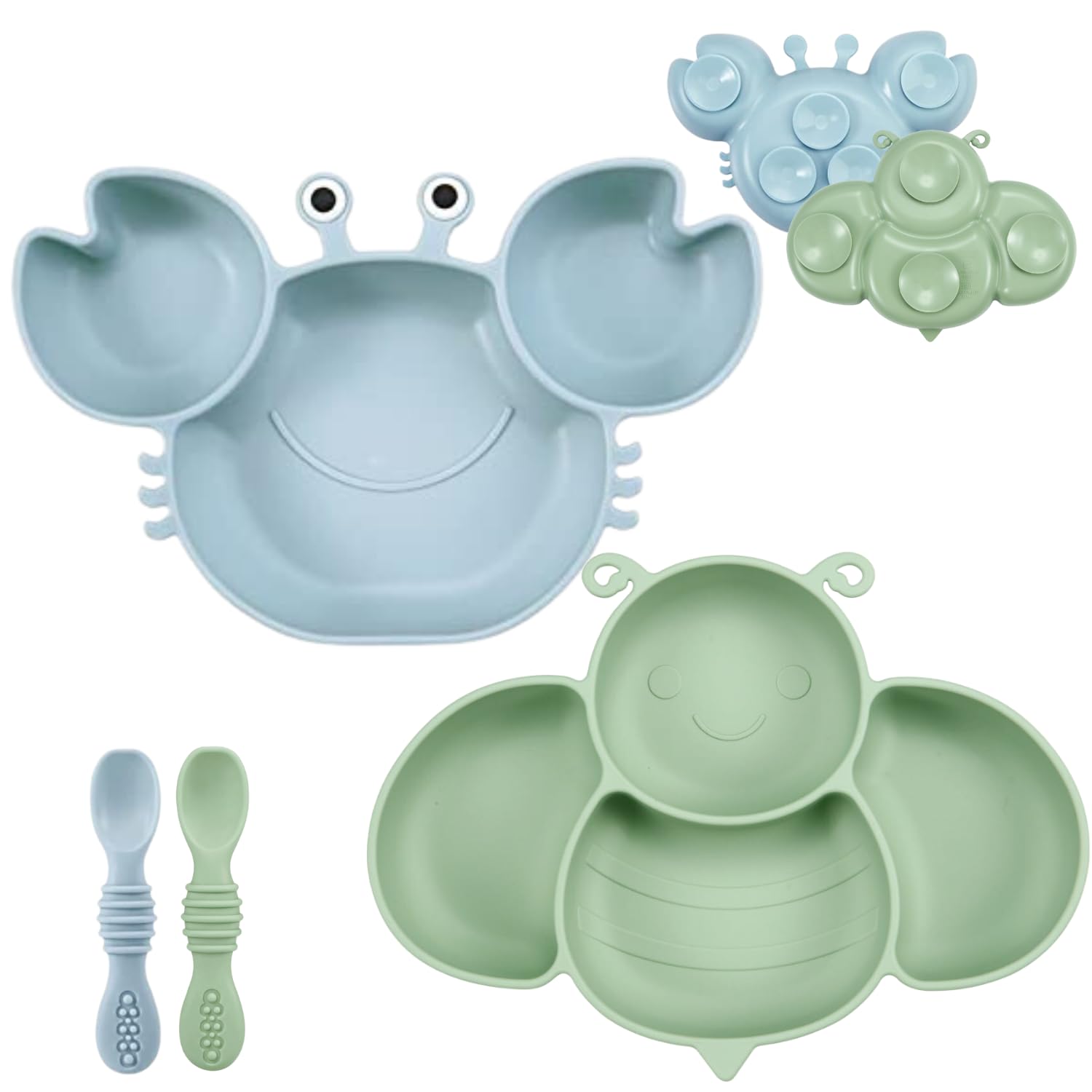 PandaEar 2 Pack Silicone Suction Plates for Baby, Divided Unbreakable Toddler Plate with 2 Pack Spoons for Self Feeding, Babies Utensils Feeding Set Baby Eating Supplies, Crab & Bee Shape -Blue&Green