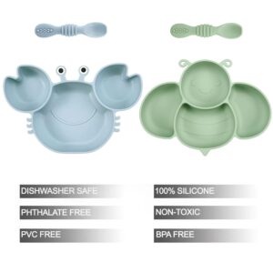 PandaEar 2 Pack Silicone Suction Plates for Baby, Divided Unbreakable Toddler Plate with 2 Pack Spoons for Self Feeding, Babies Utensils Feeding Set Baby Eating Supplies, Crab & Bee Shape -Blue&Green