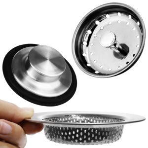 buumook 3 pack - kitchen sink drain strainer and stopper set for most sinks, clog-free basket with stainless steel body, rubber