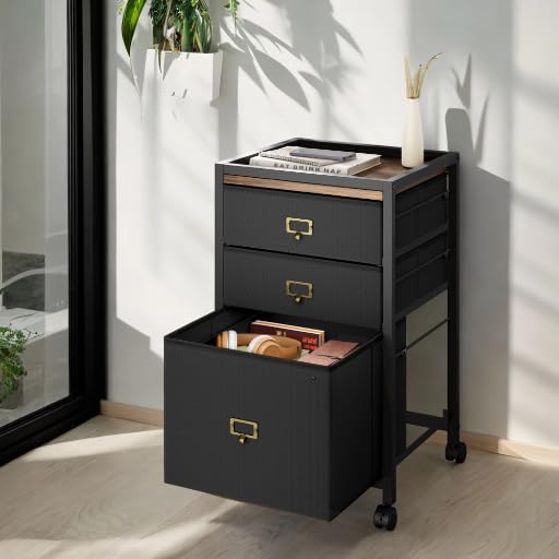 Gyabnw 2 Home Office, Small Rolling, Printer Stand Fits A4 Or Letter Size, Fabric Wheels-Rustic Black, 3 Drawer Vertical File Cabinet