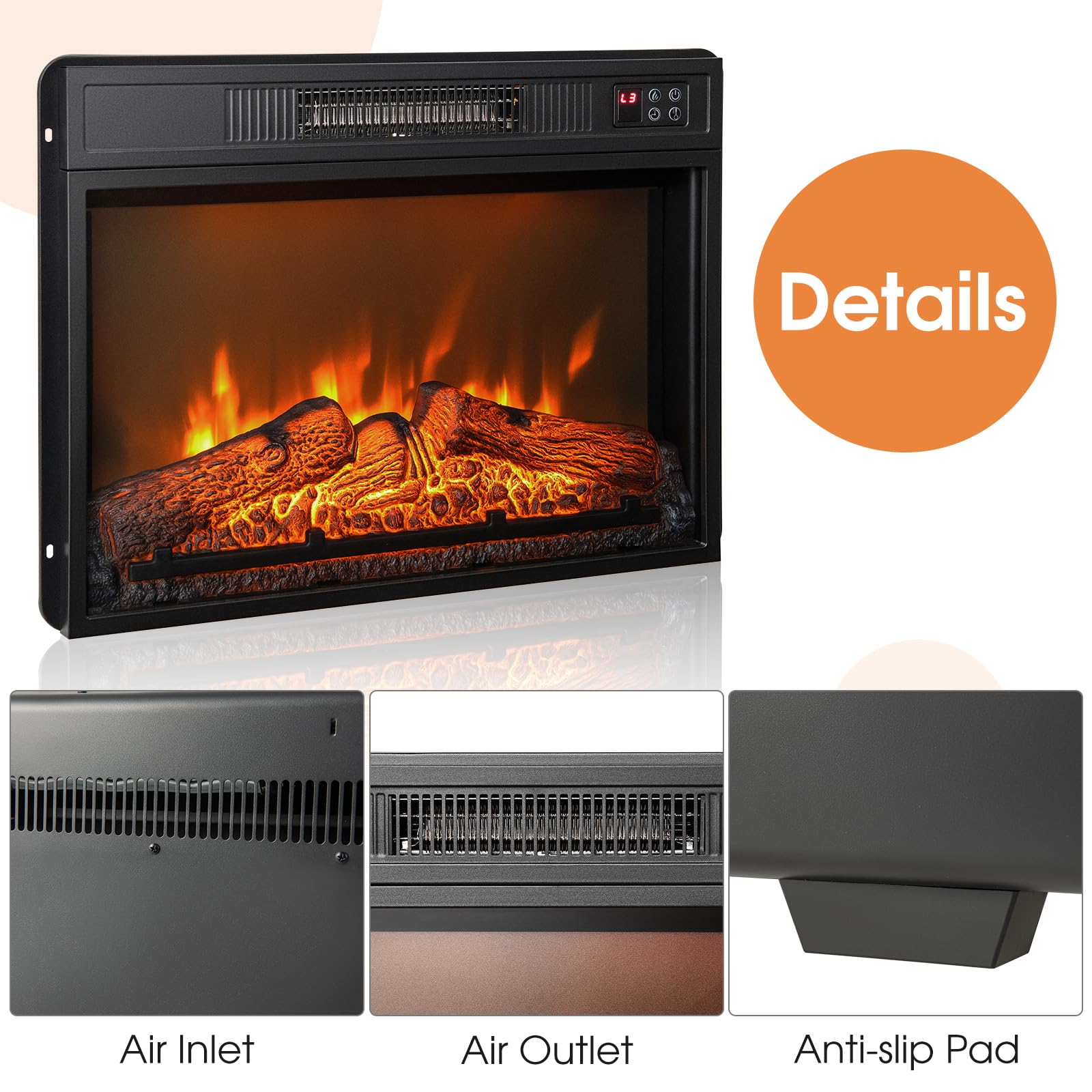 GOFLAME 23-Inch Electric Fireplace Insert, 1400W Recessed Fireplace Heater with Remote Control, Thermostat, 3 Flame Brightness, 6H Timer, Overheat Protection, Freestanding Fireplace for Living Room