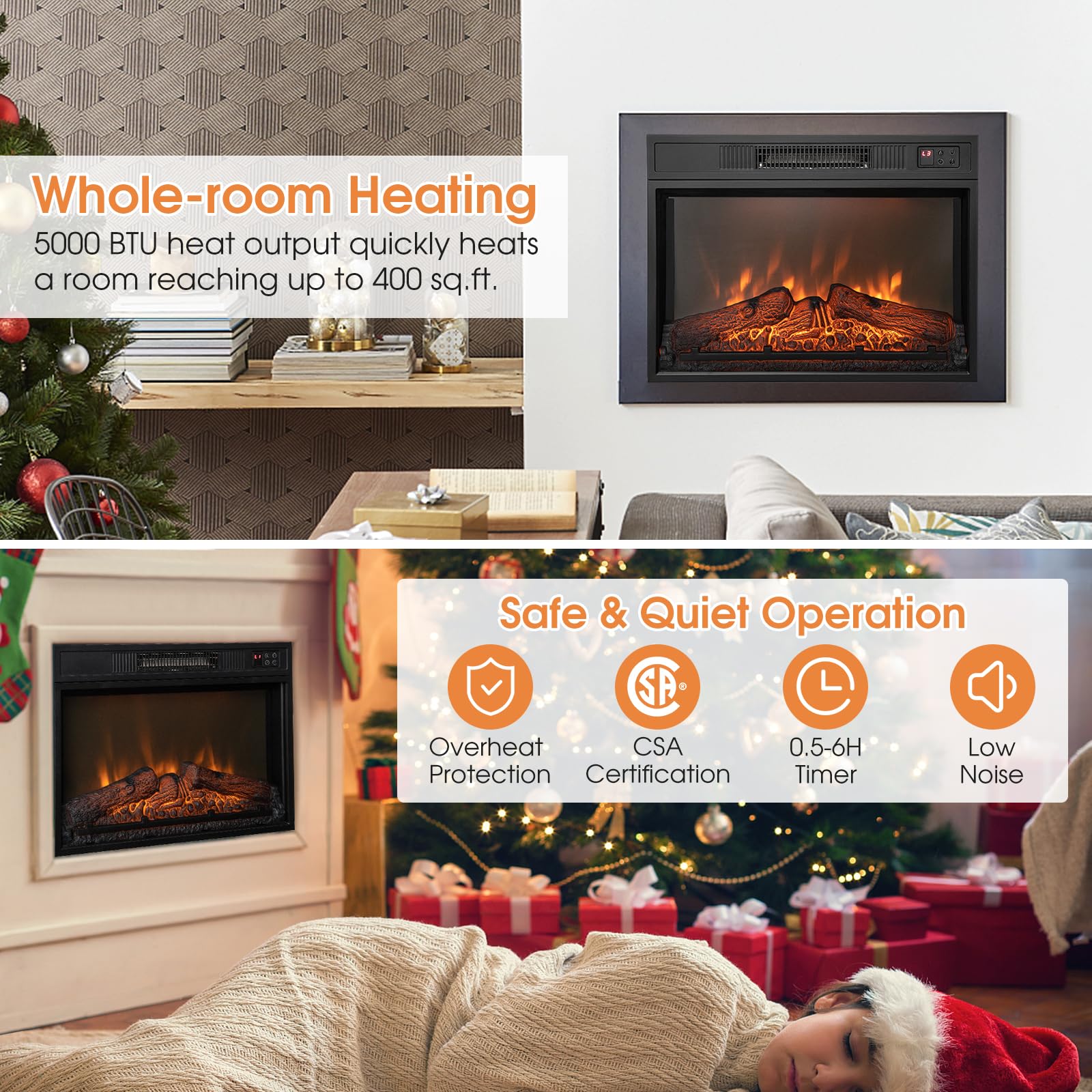 GOFLAME 23-Inch Electric Fireplace Insert, 1400W Recessed Fireplace Heater with Remote Control, Thermostat, 3 Flame Brightness, 6H Timer, Overheat Protection, Freestanding Fireplace for Living Room