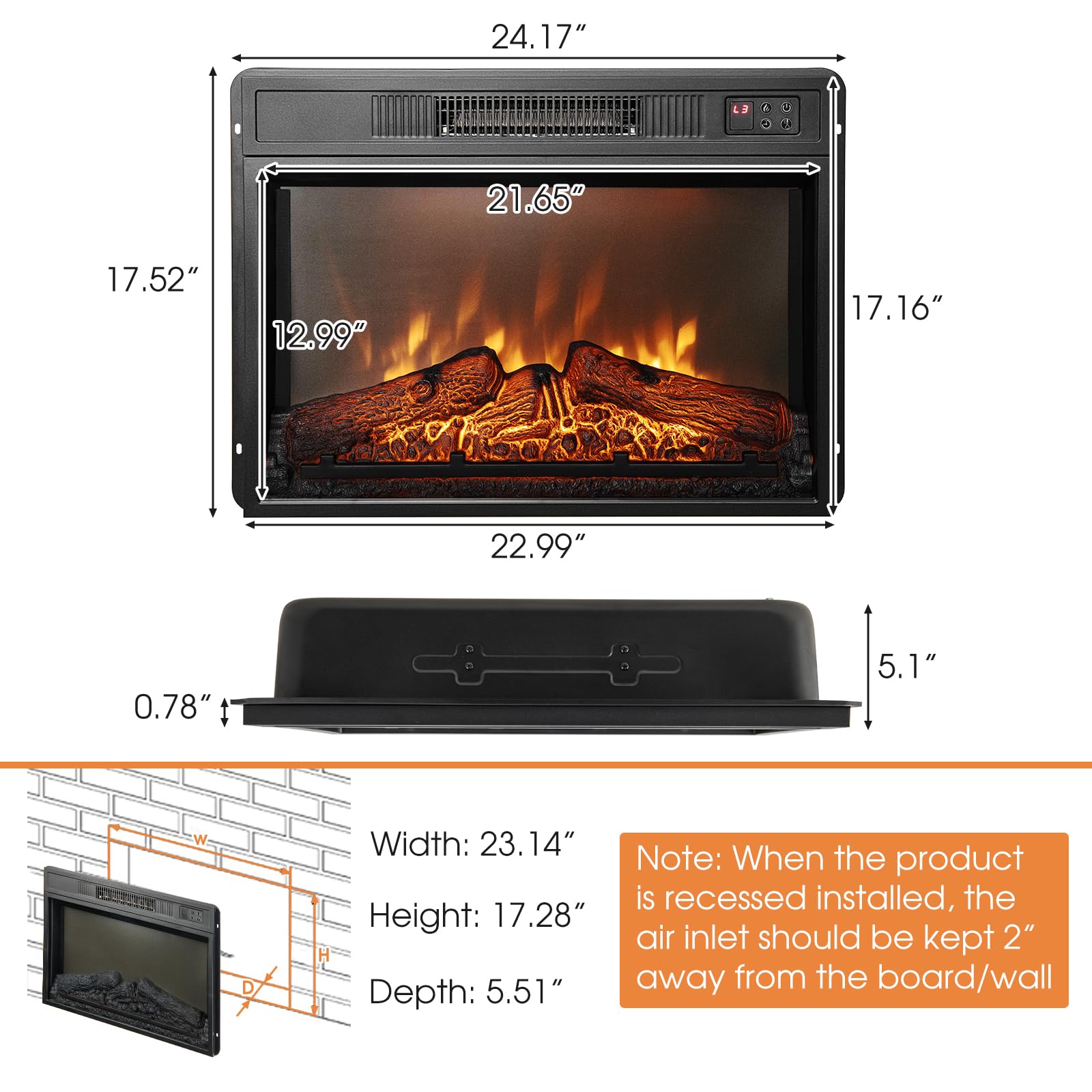 GOFLAME 23-Inch Electric Fireplace Insert, 1400W Recessed Fireplace Heater with Remote Control, Thermostat, 3 Flame Brightness, 6H Timer, Overheat Protection, Freestanding Fireplace for Living Room