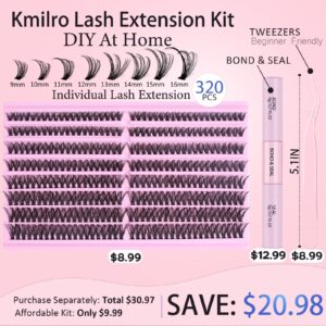 DIY Eyelash Extension Kit with 320 Pcs 60D Lash Clusters, Bond and Seal and Lash Applicator Tool 9-16mm Mix D Curl Individual Lashes Kit for Beginners Self Application DIY at Home, by Kmilro