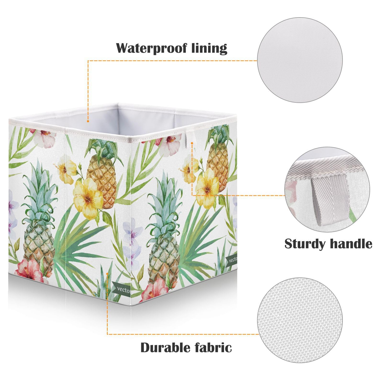 Emelivor Pineapples Hibiscus Cube Storage Bin Fabric Storage Cubes Collapsible Foldable Storage Baskets Organizer Containers for Shelves Nursery Closer Bedroom Home,11 x 11inch