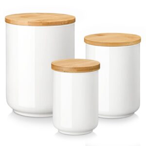 malacasa canisters sets for the kitchen, ceramic kitchen canisters for countertop, coffee jar with airtight bamboo lid, flour and sugar containers set of 3, white food storage jars for tea, cereal nut