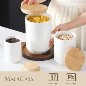 MALACASA Canisters Sets for the Kitchen, Ceramic Kitchen Canisters for Countertop, Coffee Jar with Airtight Bamboo Lid, Flour and Sugar Containers Set of 3, White Food Storage Jars for Tea, Cereal Nut