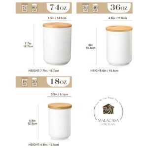 MALACASA Canisters Sets for the Kitchen, Ceramic Kitchen Canisters for Countertop, Coffee Jar with Airtight Bamboo Lid, Flour and Sugar Containers Set of 3, White Food Storage Jars for Tea, Cereal Nut