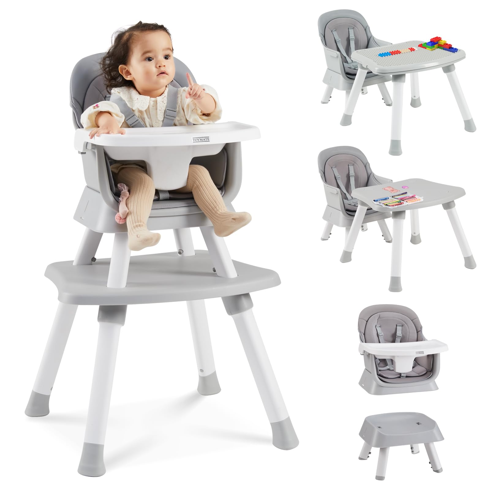 8 in 1 Baby High Chair with Removable Tray, Multifunctional High Chair for Babies and Toddlers, Converts Kids Table & Chair Set/Toddler Building Block Table/Step Stool/Small Dining Chair