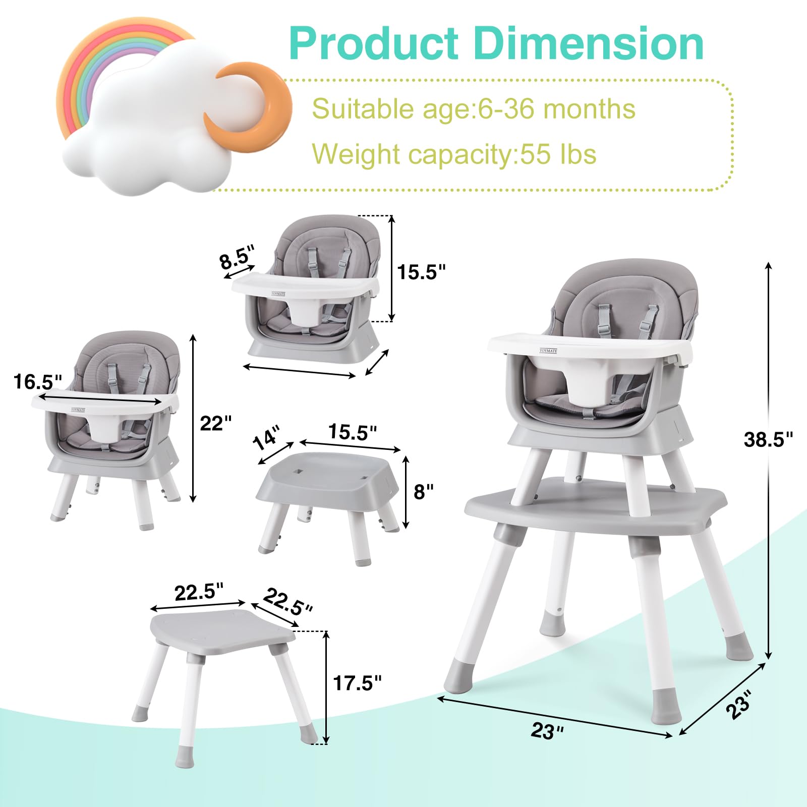 8 in 1 Baby High Chair with Removable Tray, Multifunctional High Chair for Babies and Toddlers, Converts Kids Table & Chair Set/Toddler Building Block Table/Step Stool/Small Dining Chair