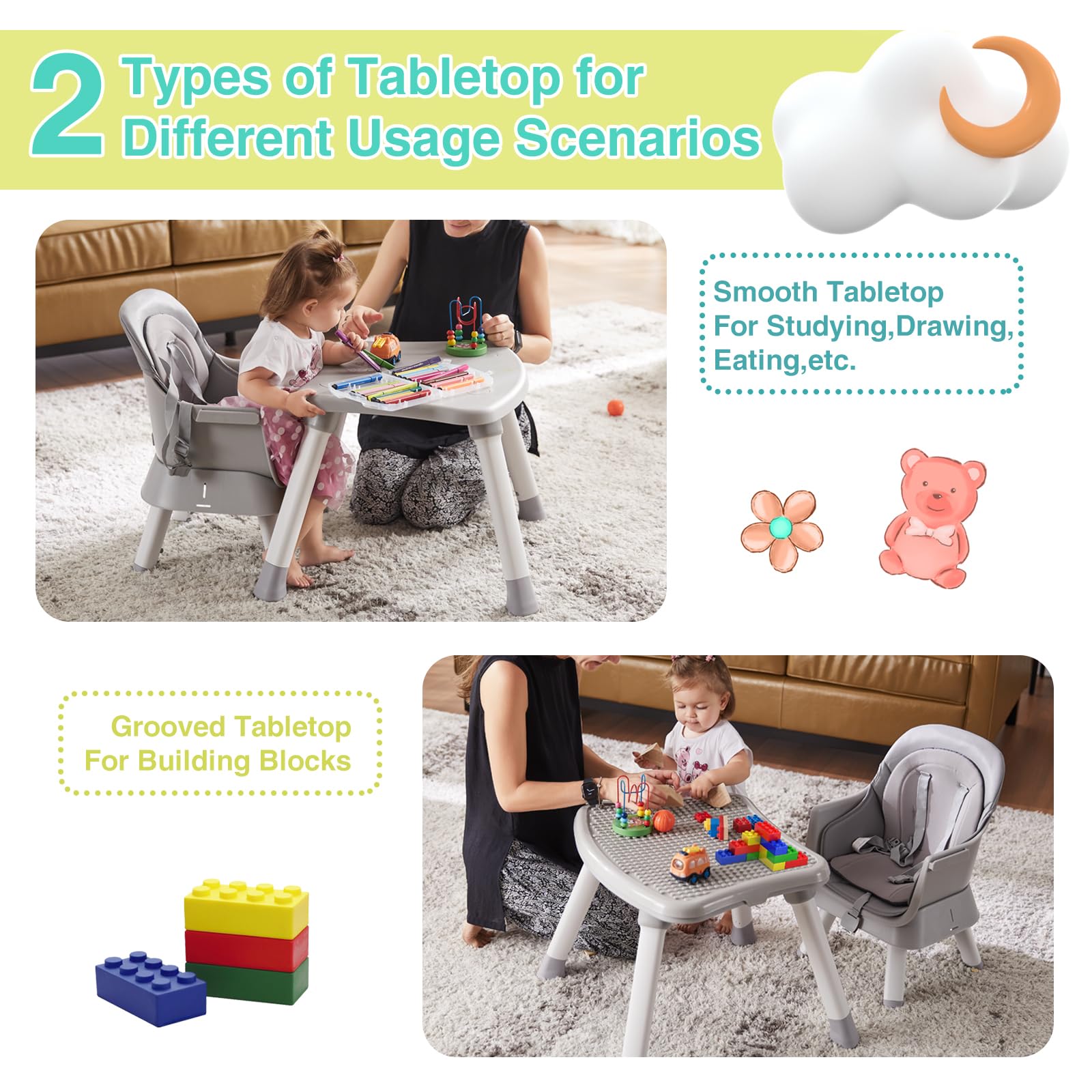 8 in 1 Baby High Chair with Removable Tray, Multifunctional High Chair for Babies and Toddlers, Converts Kids Table & Chair Set/Toddler Building Block Table/Step Stool/Small Dining Chair