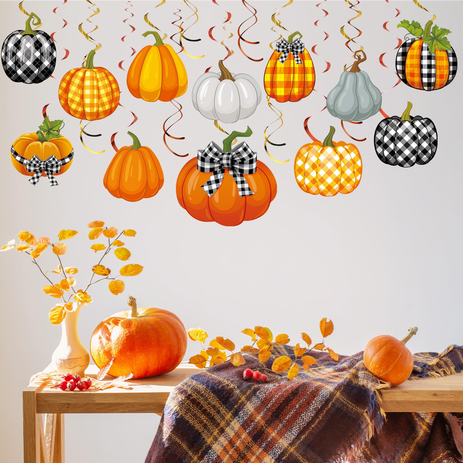 54 Pcs Fall Party Decorations, Thanksgiving Hanging Swirls Decorations, Pumpkin Maple Cutouts Hanging Swirls Ceiling Decorations for Autumn Harvest Party Supplies(Pumpkin)