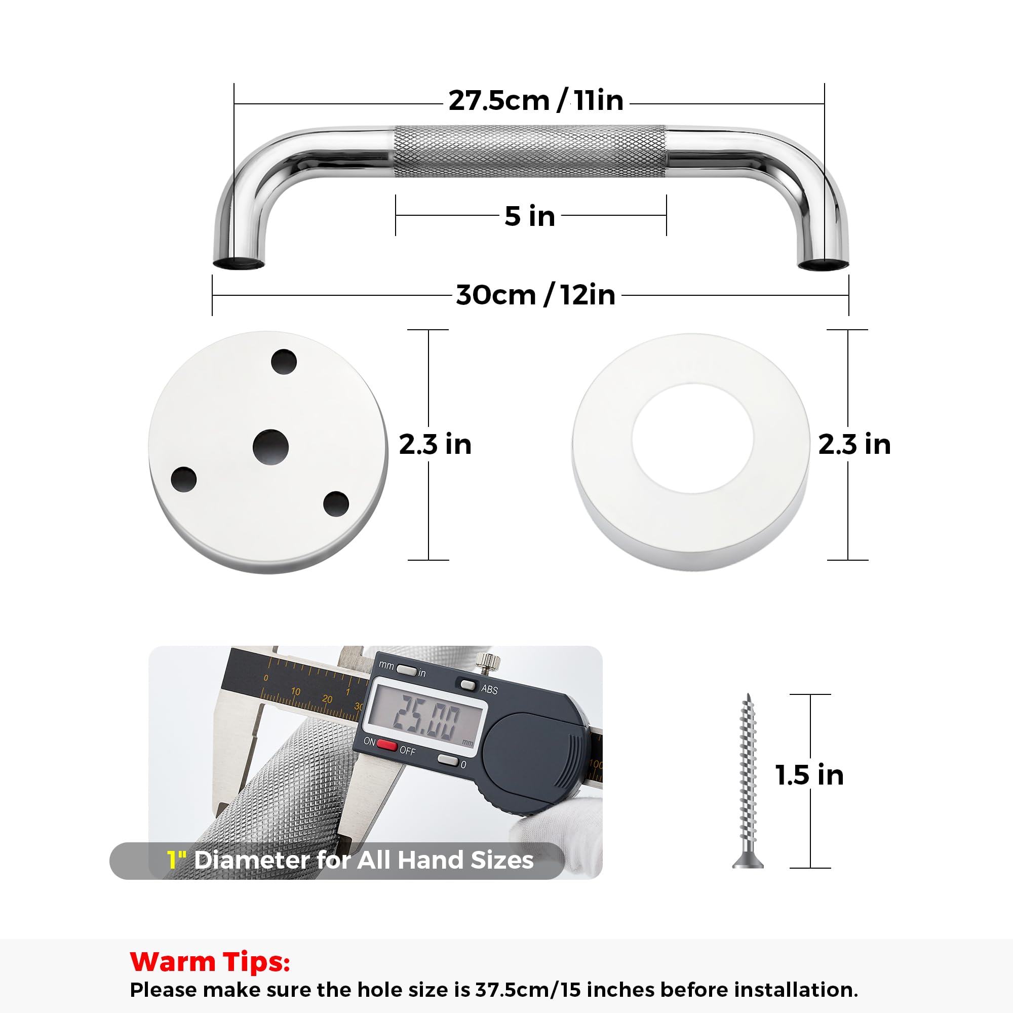 2 Pack Grab Bars for Shower Handle, 12 Inch Anti Slip Shower Grab Bars for Seniors, Stainless Steel Knurled Handicap Grab Bars for Bathroom(Polished Chrome, 1" Diameter)