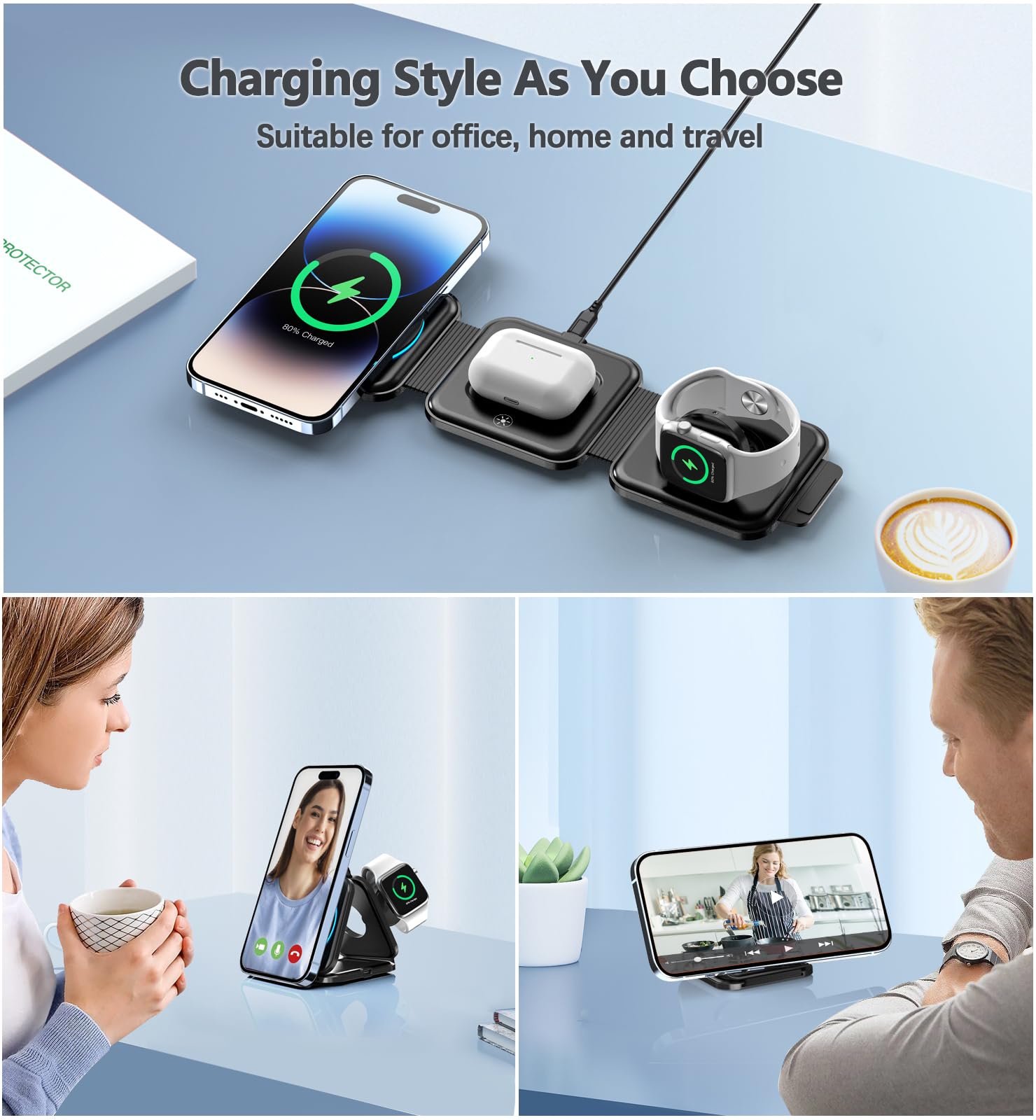 3 in 1 Charging Station for Apple Devices 20W Foldable Mag-Safe Charger for Travel Wireless Charger Pad for iPhone 15 14 13 12 Pro/Pro Max/Plus/Mini AirPods 2/3/Pro iWatch Ultra/8/7/SE/6/5/4/3/2