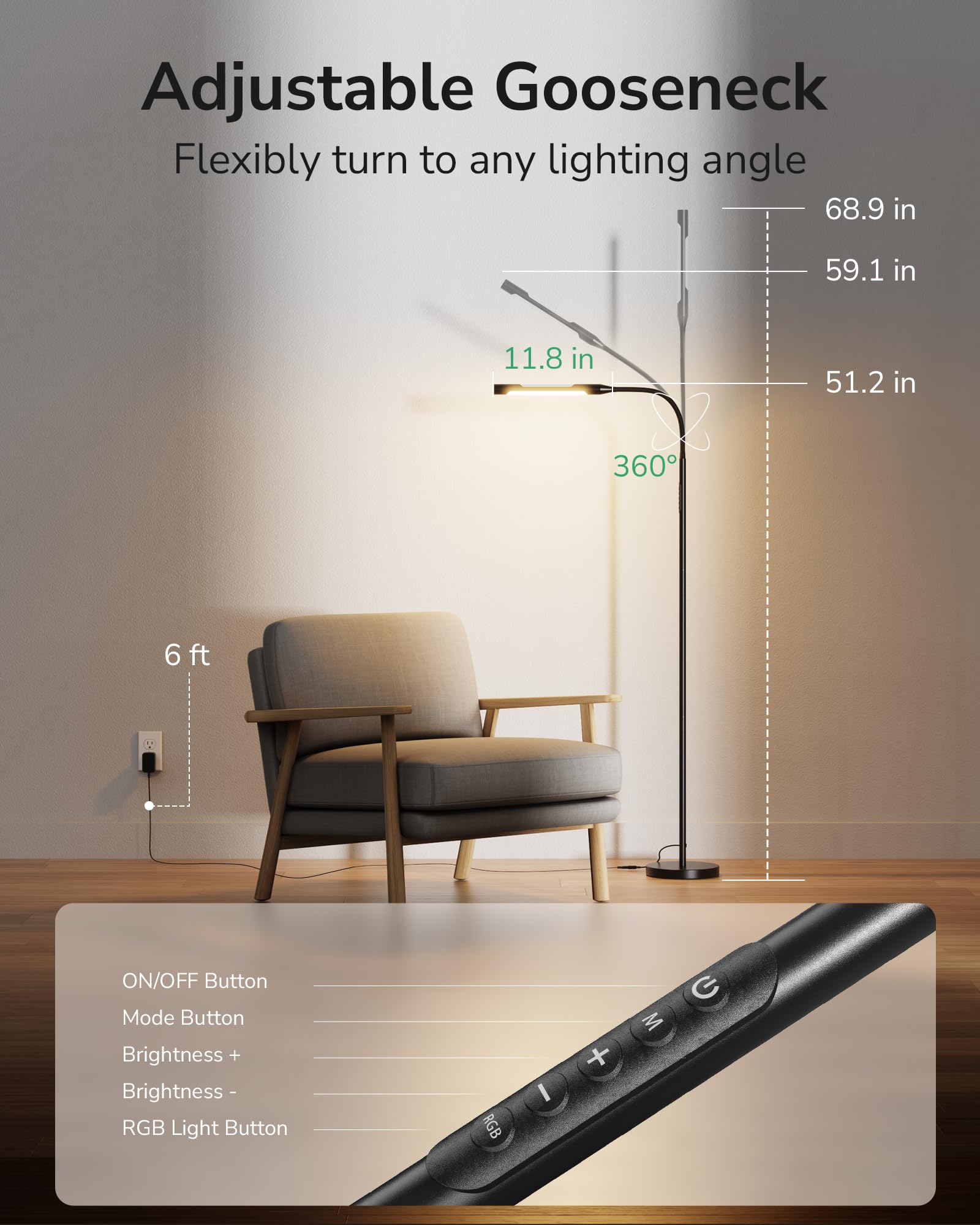 ULG 【Upgrade】 Double Side LED Floor Lamp, Tall 360° Adjustable Gooseneck Standing Reading Lamp for Bedroom, RGB & Dimmable Bright Task Light with 3000K-6500K Color Temps, Eyelash LED Floor Light