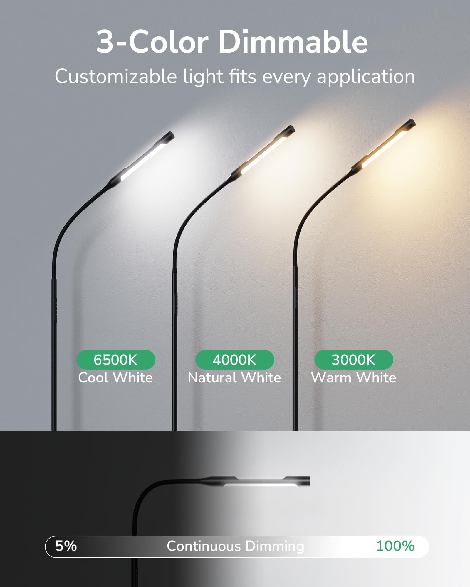 ULG 【Upgrade】 Double Side LED Floor Lamp, Tall 360° Adjustable Gooseneck Standing Reading Lamp for Bedroom, RGB & Dimmable Bright Task Light with 3000K-6500K Color Temps, Eyelash LED Floor Light