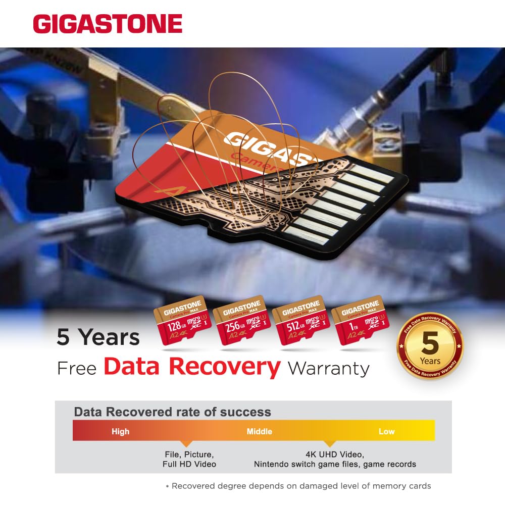 [5-Yrs Free Data Recovery] GIGASTONE 256GB Micro SD Card, 4K Camera Pro MAX, A2 V30 MicroSDXC Memory Card for Smartphone, Gopro, Action Cams, 4K UHD Video, Up to 130/85 MB/s, UHS-I U3 C10 with Adapter