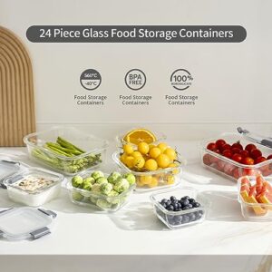 S SALIENT 24 Pieces Glass Food Storage Containers with Lids,Glass Meal Prep Containers Set with Locking Lids,Airtight Glass Lunch Container for Kitchen,BPA Free(12 Lids & 12 Containers)