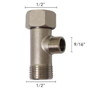 Bidet T Adapter - T Valve Adapter for Bidet (Thread Size 1/2″ x 1/2″ x 9/16″), Brass Coated Nickel, 3 Way Adapter or Tee Connector