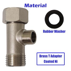 Bidet T Adapter - T Valve Adapter for Bidet (Thread Size 1/2″ x 1/2″ x 9/16″), Brass Coated Nickel, 3 Way Adapter or Tee Connector