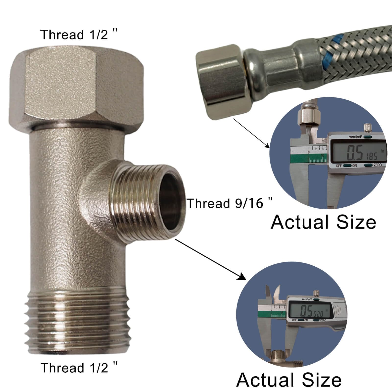 Bidet T Adapter - T Valve Adapter for Bidet (Thread Size 1/2″ x 1/2″ x 9/16″), Brass Coated Nickel, 3 Way Adapter or Tee Connector