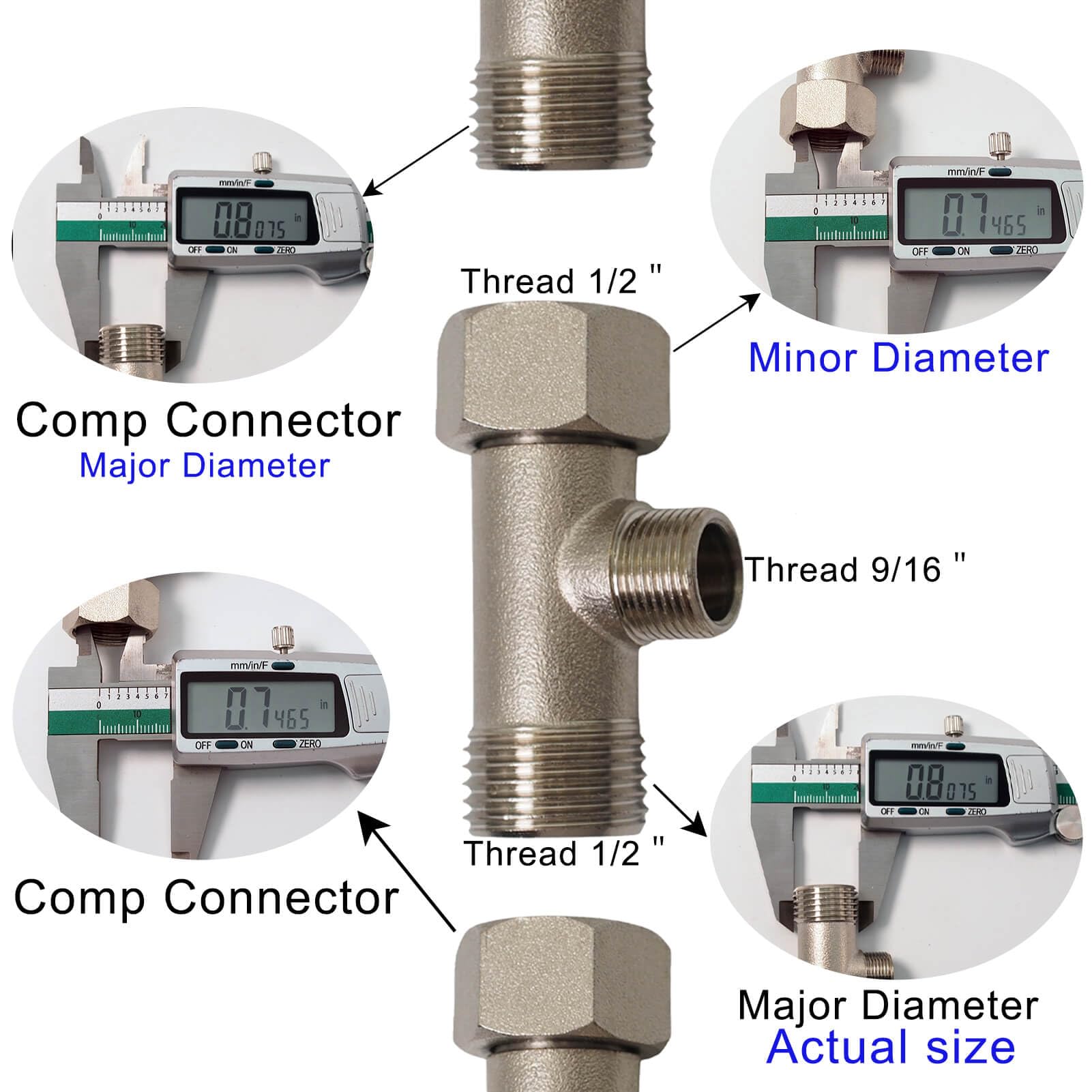 Bidet T Adapter - T Valve Adapter for Bidet (Thread Size 1/2″ x 1/2″ x 9/16″), Brass Coated Nickel, 3 Way Adapter or Tee Connector